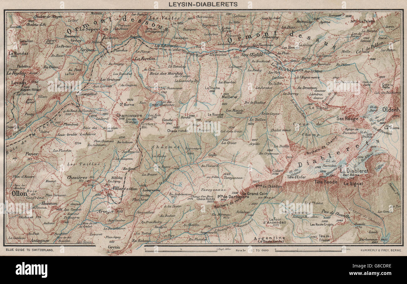 GRANDE-EAU VALLÉE. Leysin Diablerets. Vaud. Vintage map. Switzerland ...