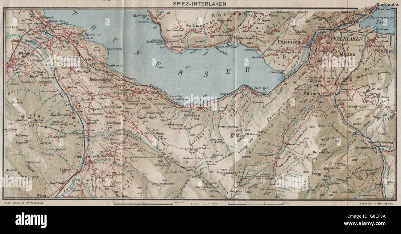 SPIEZ-INTERLAKEN. Beatenberg Aeschi Thunersee. Vintage map. Switzerland ...