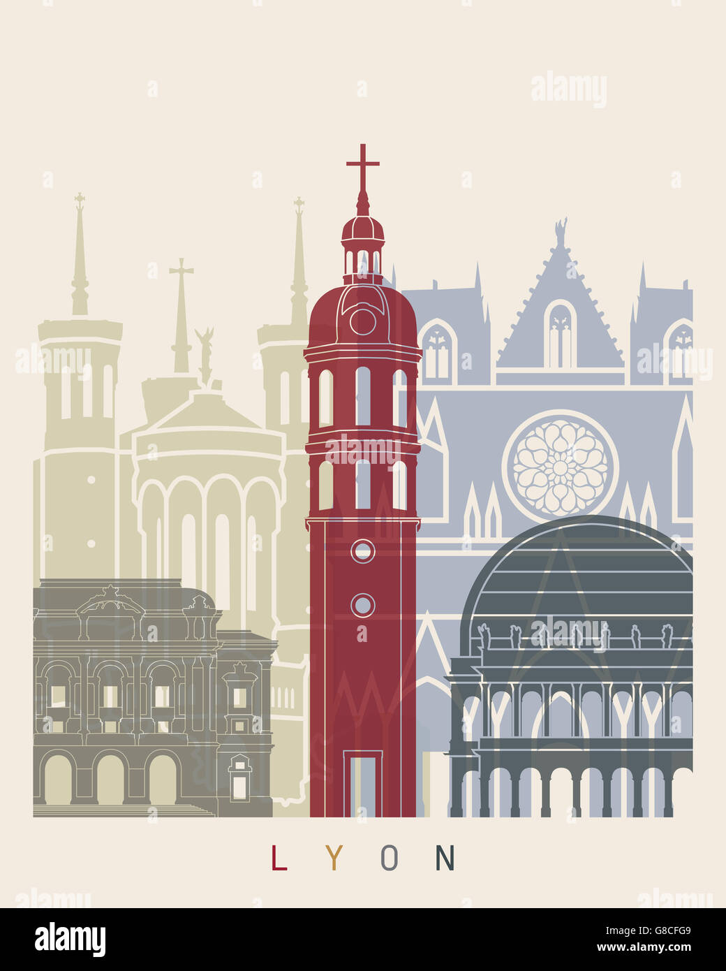 Lyon skyline poster in editable vector file Stock Photo - Alamy