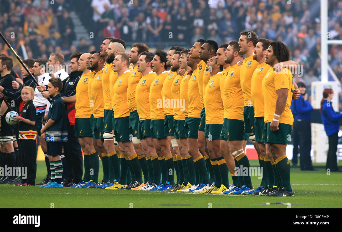 Australia players sing the national anthem during the Rugby World Cup ...