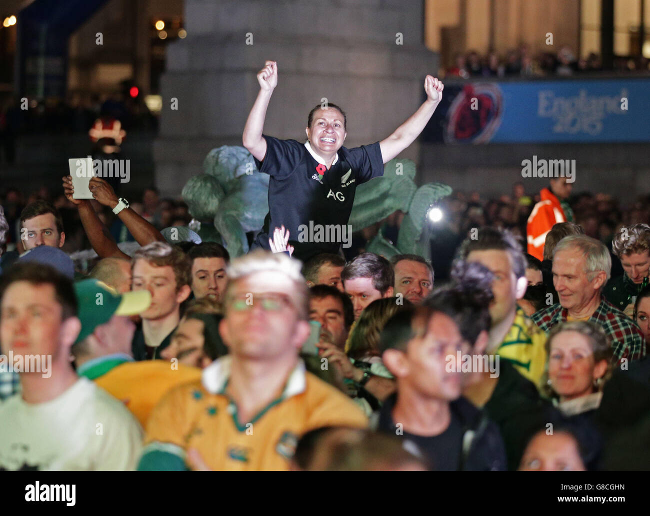 A New Zealand rugby fan celebrates, at the Fanzone in Trafalgar Square ...
