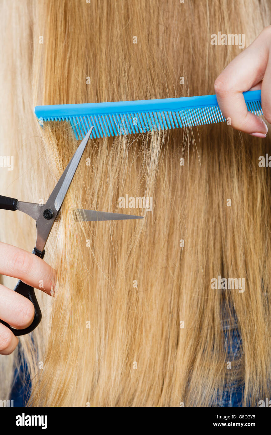 Cutting down and shearing concept. Blonde woman cuts and combing her ...