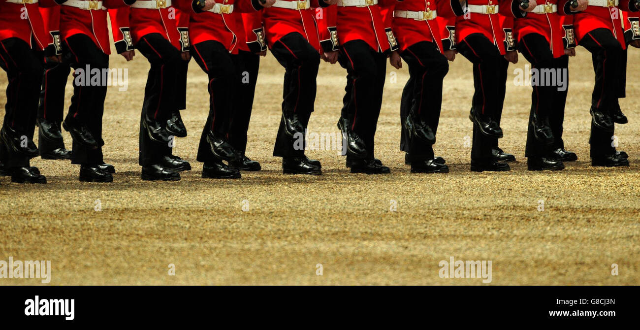 Troops march on the spot during the annual Trooping the Colour parade ...
