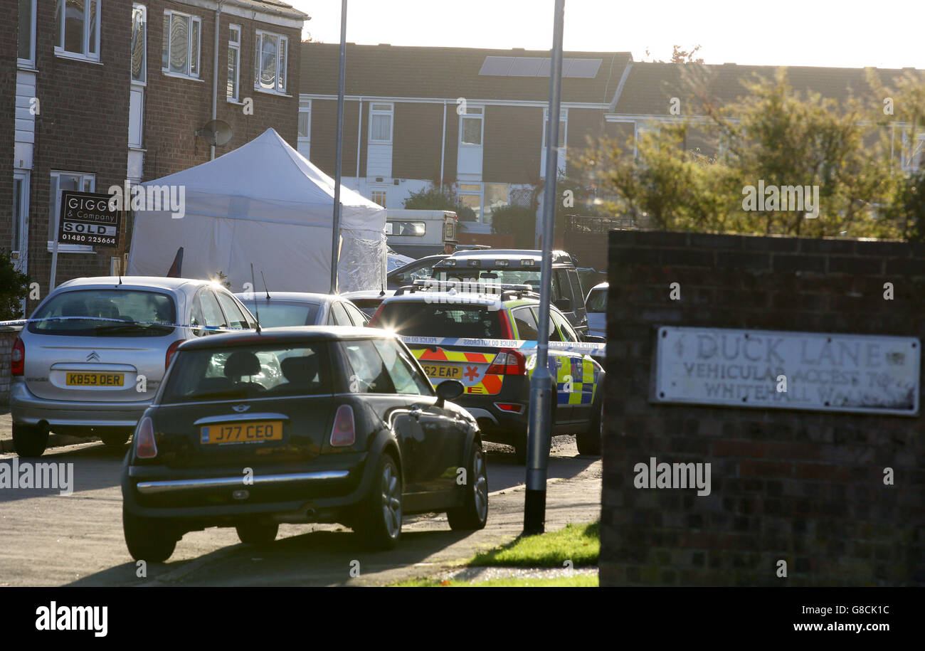 Police at the scene in Duck Lane, St Neots, Cambridgeshire, after a man ...