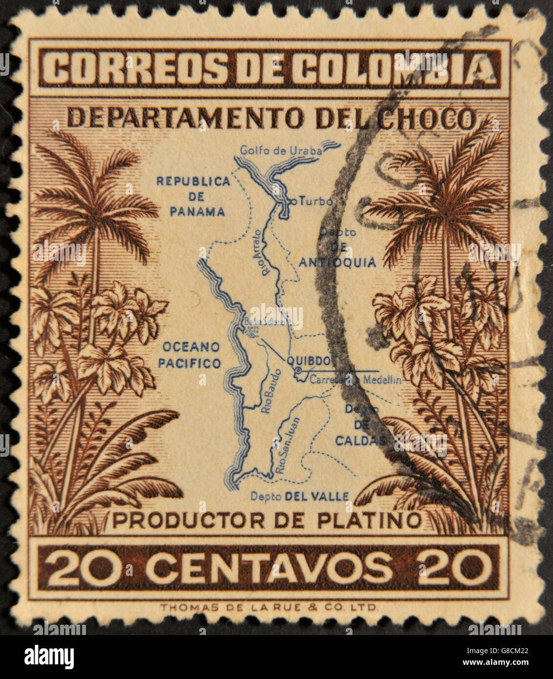 COLOMBIA - CIRCA 1940: A stamp printed in Colombia shows map of the ...
