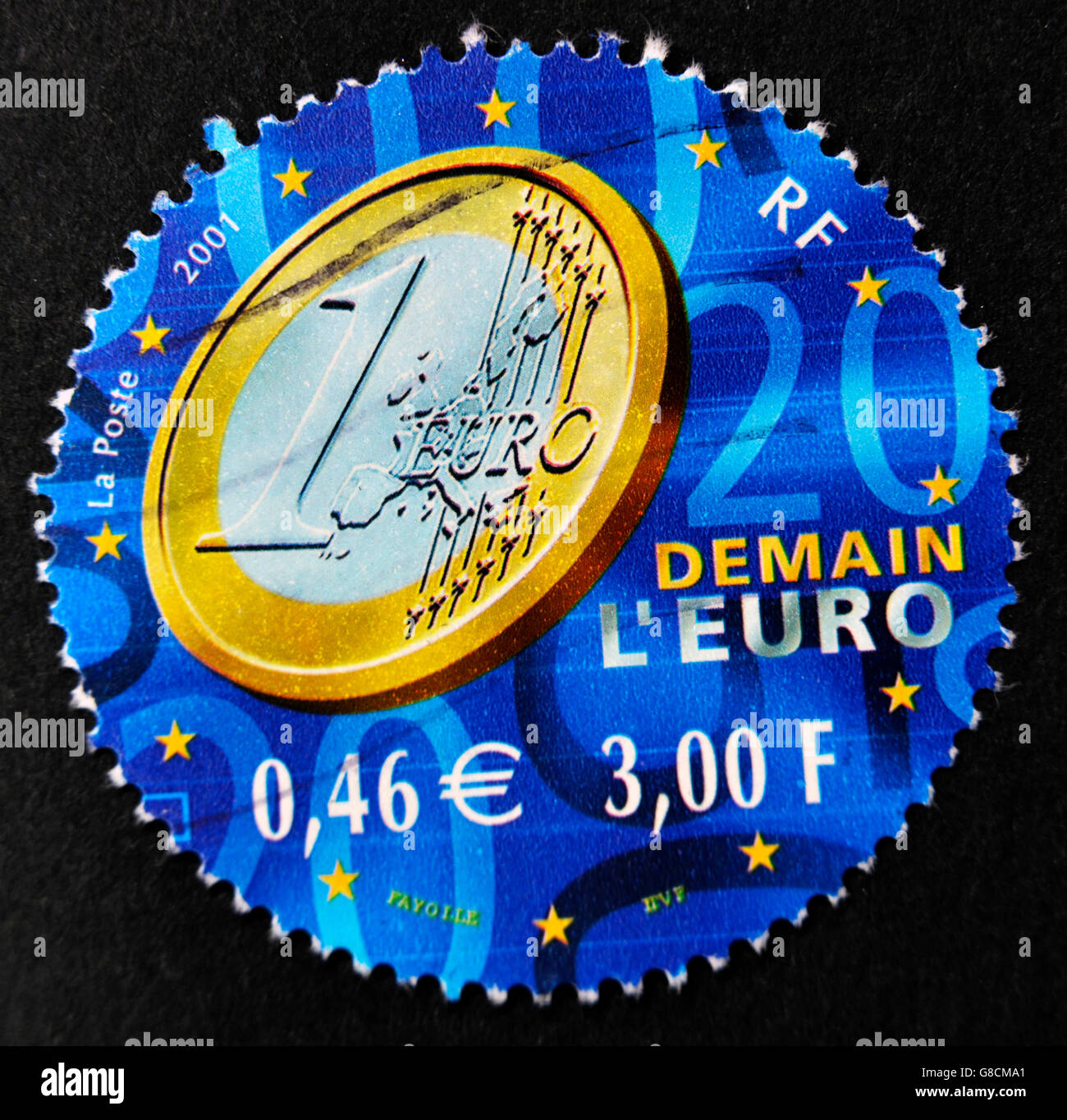 FRANCE - CIRCA 2001: A stamp printed in France shows an one euro coin ...