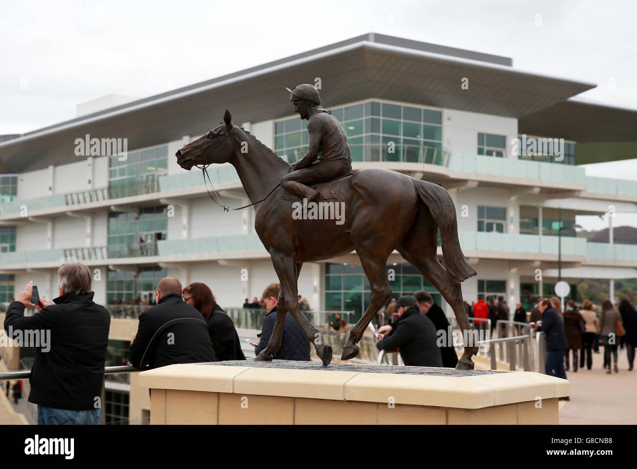 Racehorse statue outside the new grandstand at cheltenham racecourse hi ...