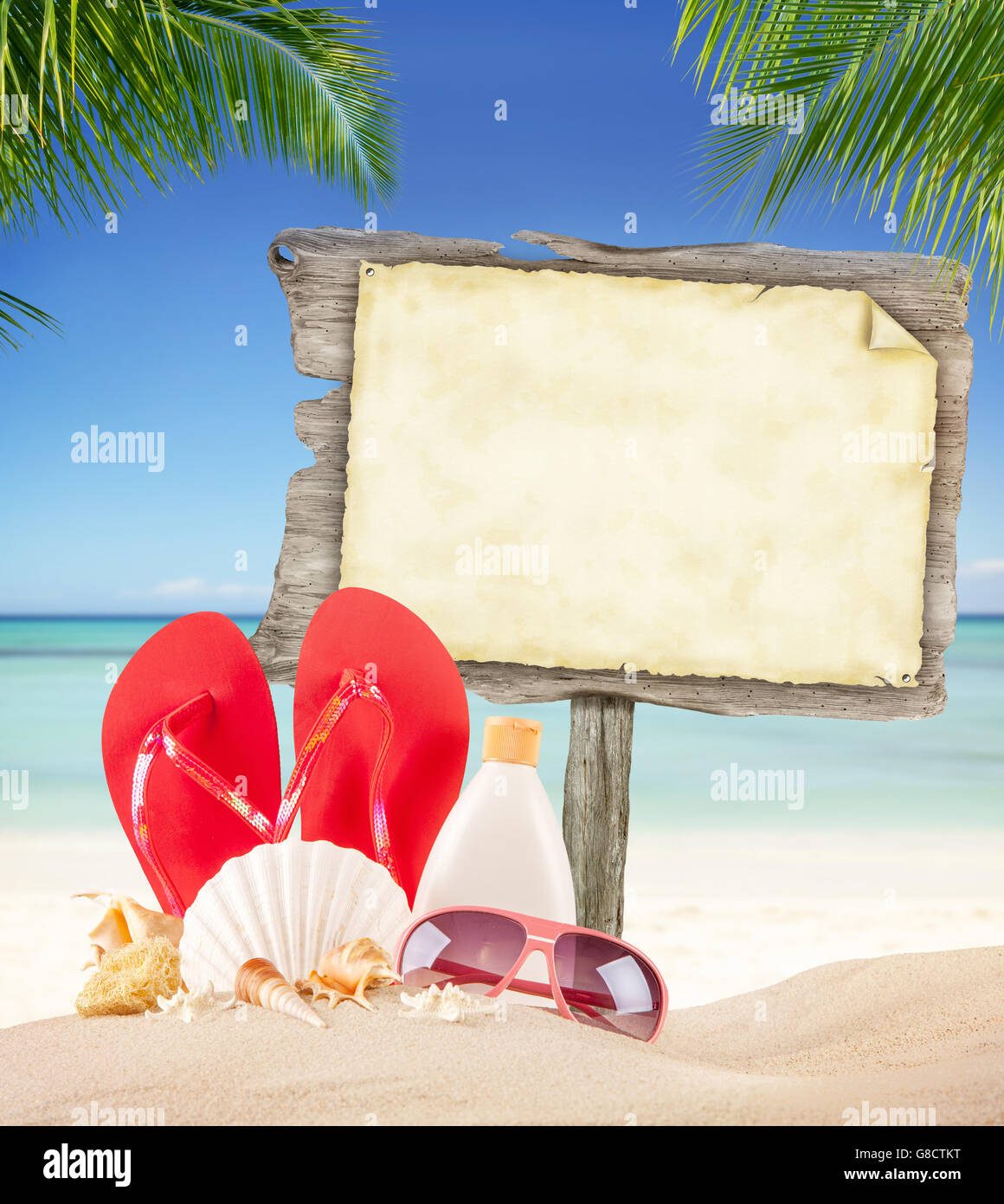 Summer concept with empty wooden board and blank paper for message ...