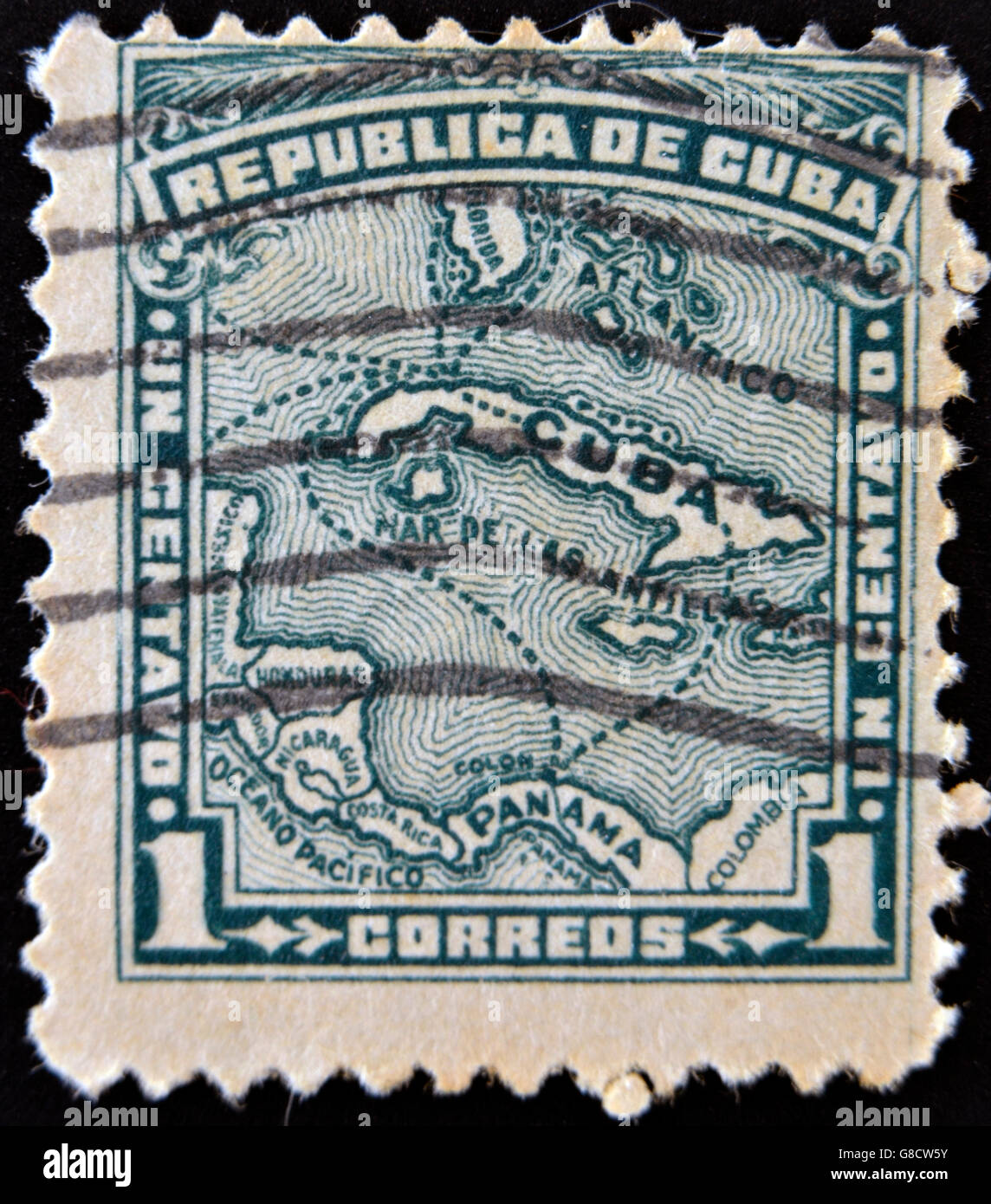 CUBA - CIRCA 1914: A stamp printed in cuba shows map of the Republic of ... CUBA - CIRCA 1914: A stamp printed in cuba shows map of the Republic of ...