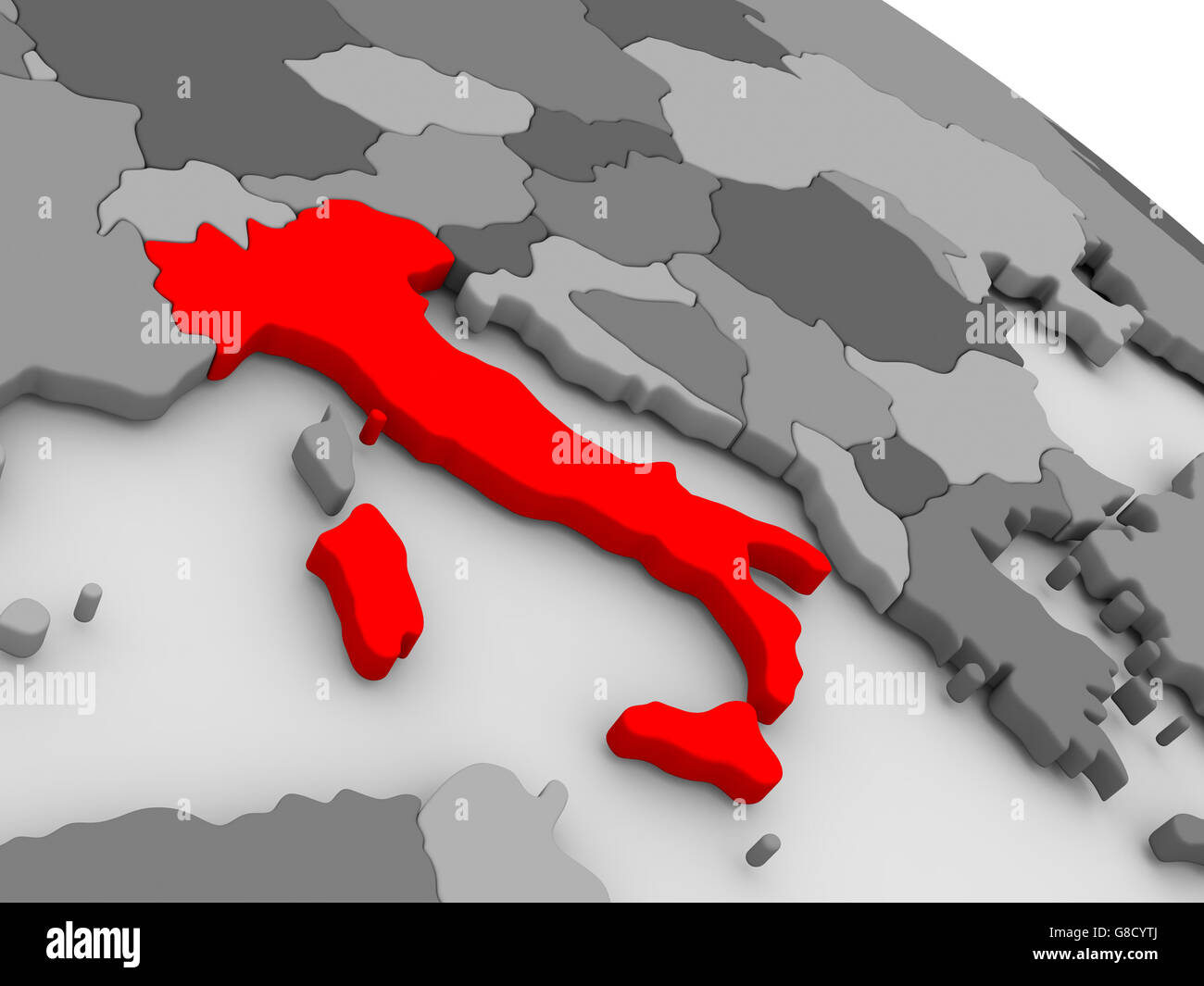Italy highlighted in red on model of globe. 3D illustration Stock Photo ...