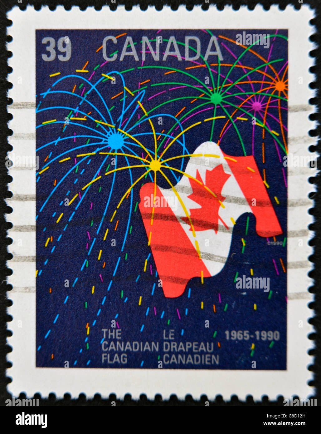 CANADA - CIRCA 1990: stamp printed in Canada shows Flag and fireworks ...