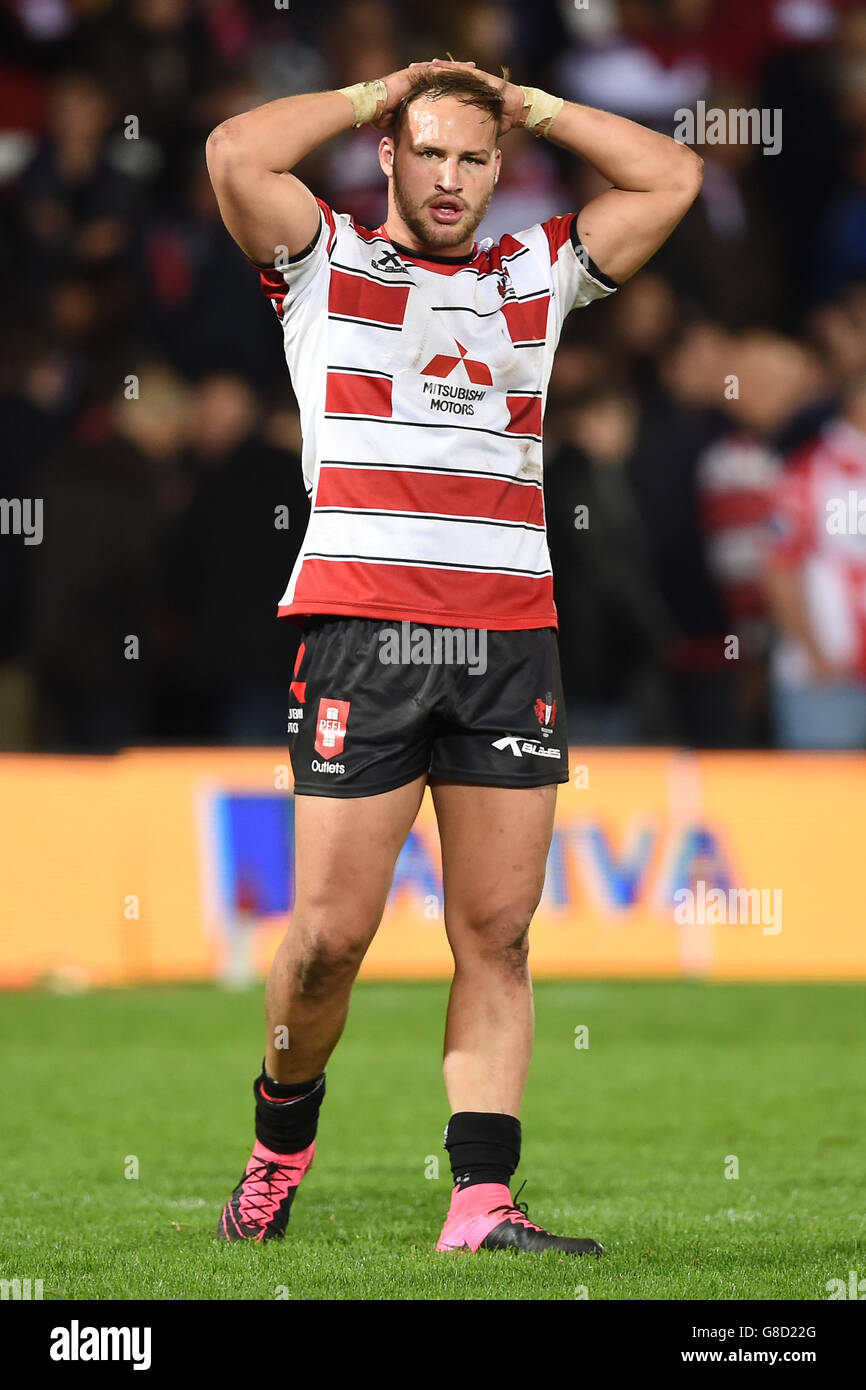 Gloucester's Billy Meakes stands dejected after the Aviva Premiership ...