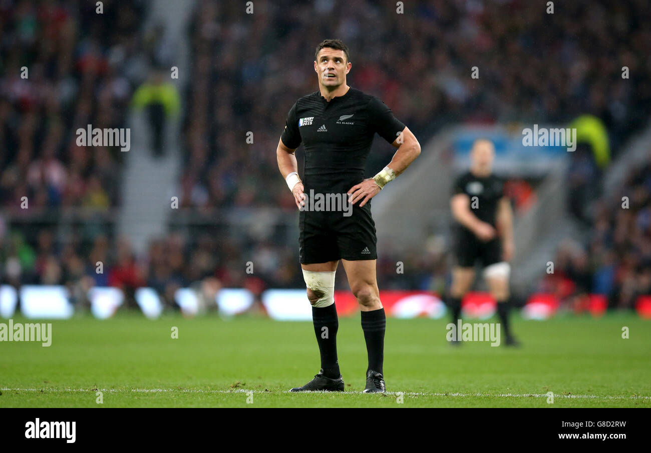 New Zealand's Dan Carter looks up as South Africa kick a penalty during ...