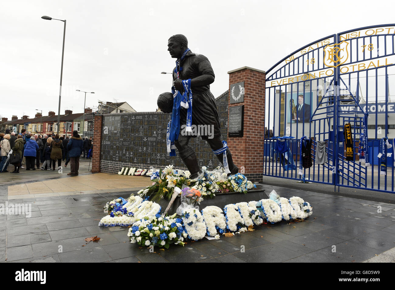 Floral tributes at the Dixie Dean statue before the funeral service of ...