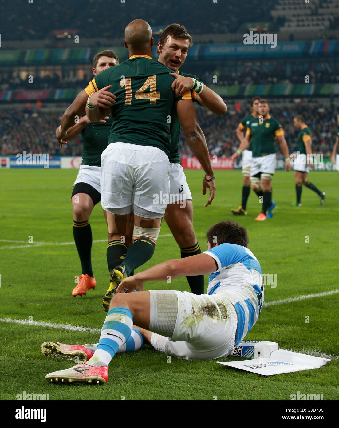 South Africa's JP Pietersen (14) celebrates scoring his sides first try ...