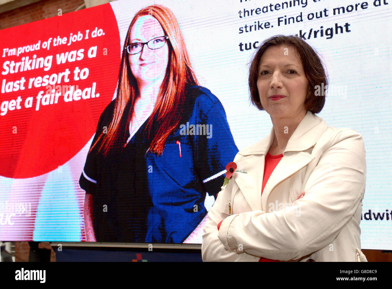 TUC general secretary Frances O'Grady poses in front of a digital ...