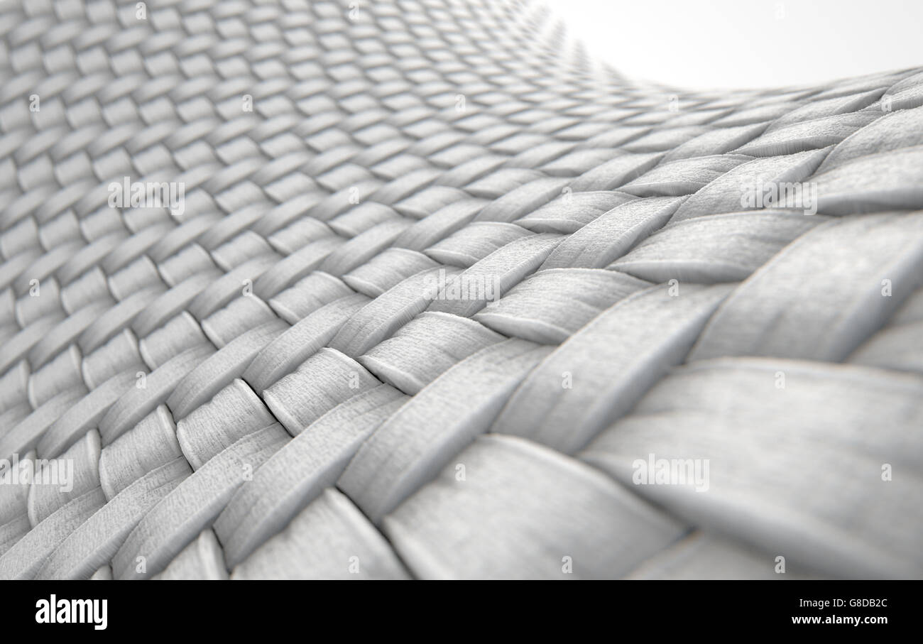A 3D render of a microscopic view of a simple woven textile on a white ...