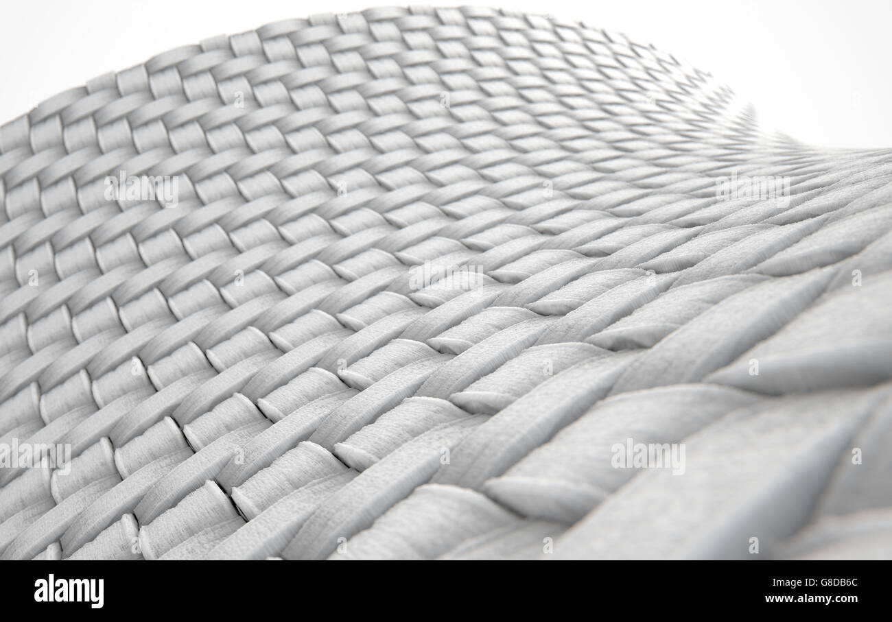 A 3D render of a microscopic view of a simple woven textile on a white ...
