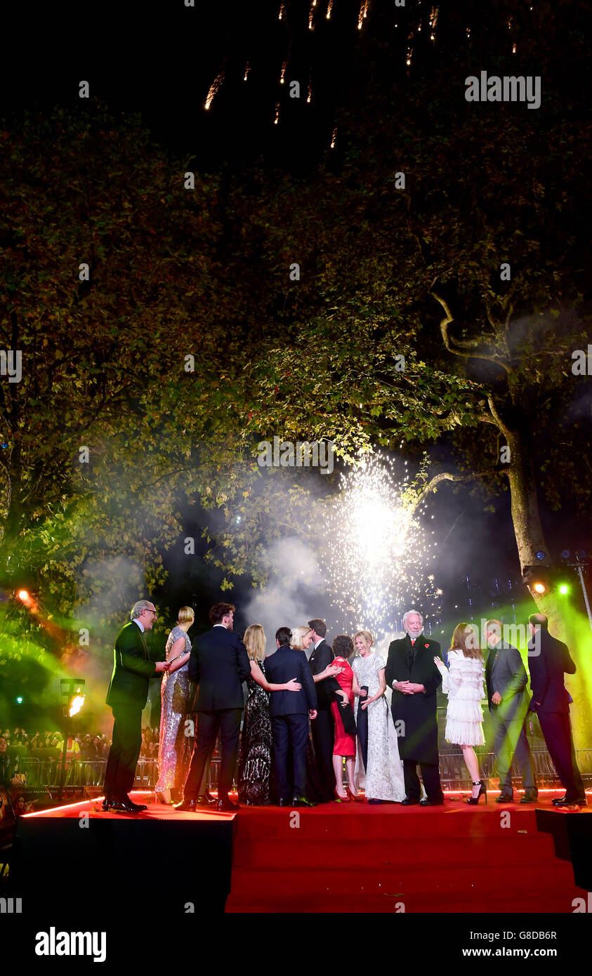 Cast and crew on stage at the UK Premiere of The Hunger Games: Mockingjay, Part 2 at the ODEON ...