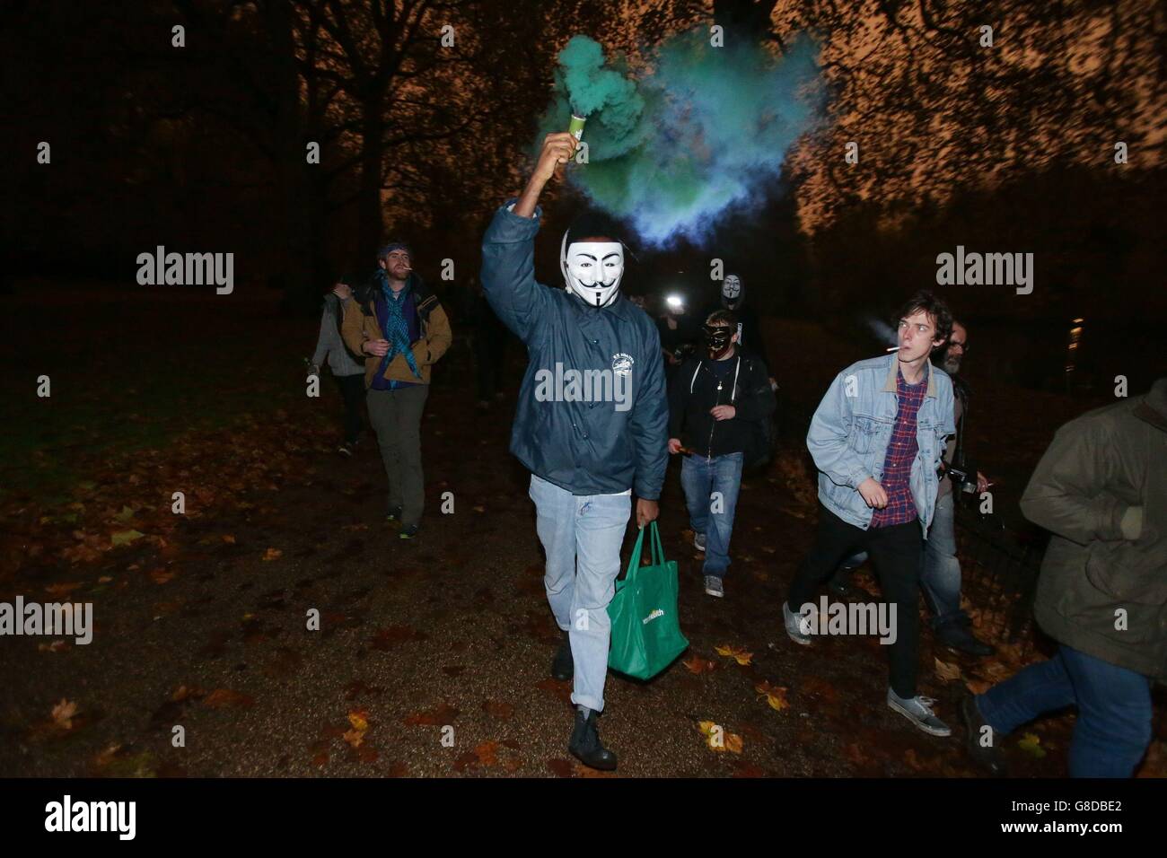 Demonstrator holding flare walks though st james park in london hi-res ...