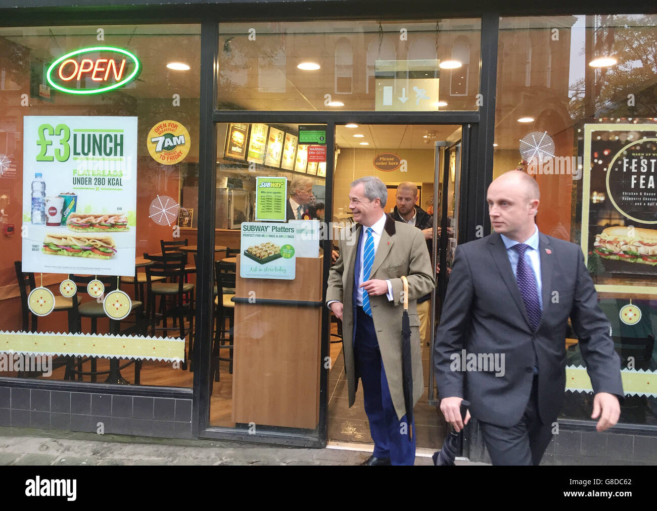 Ukip leader Nigel Farage leaves after visiting a Subway store in ...