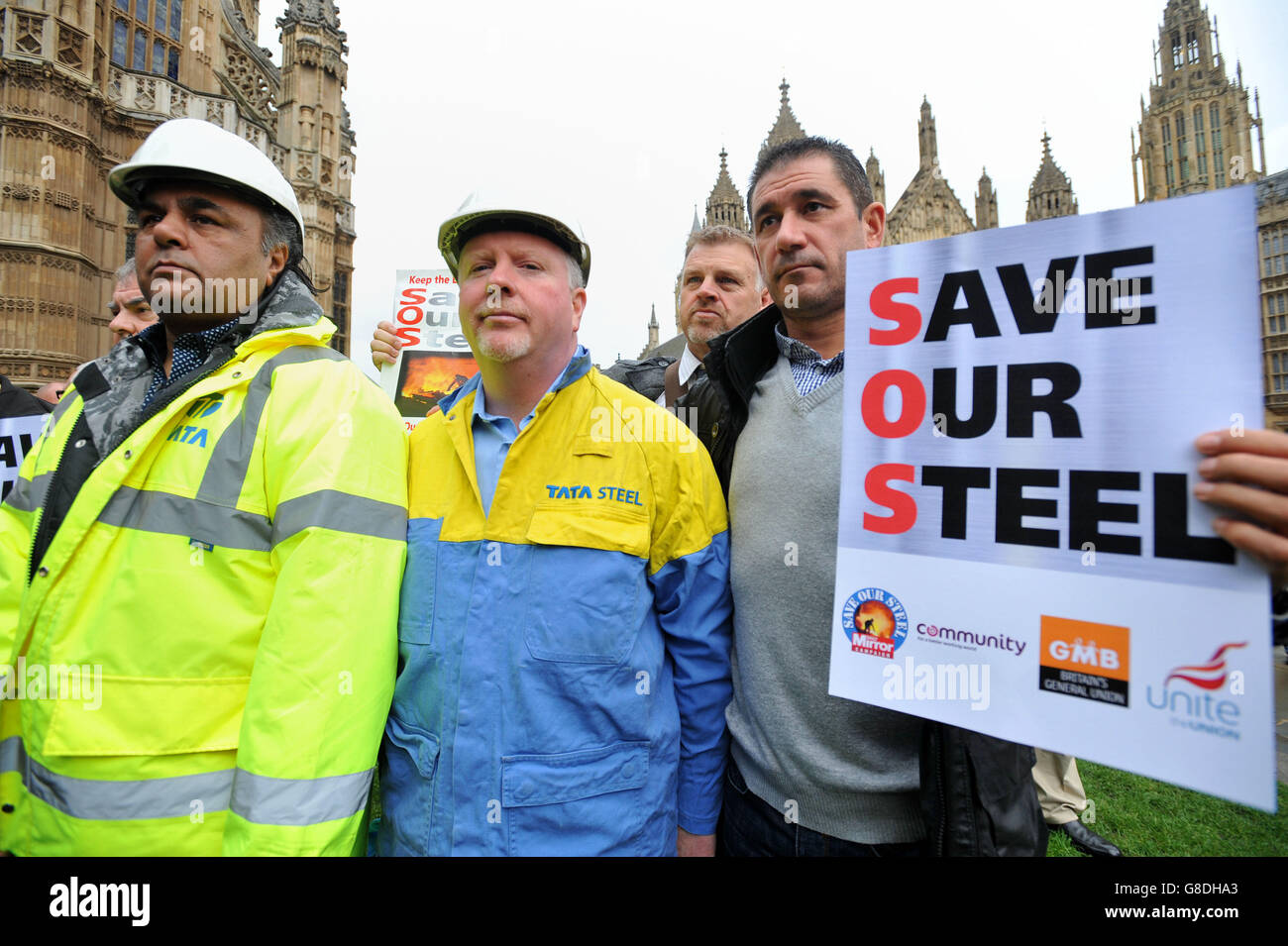 Members of the Unite union and Tata Steel workers gather in Parliament ...