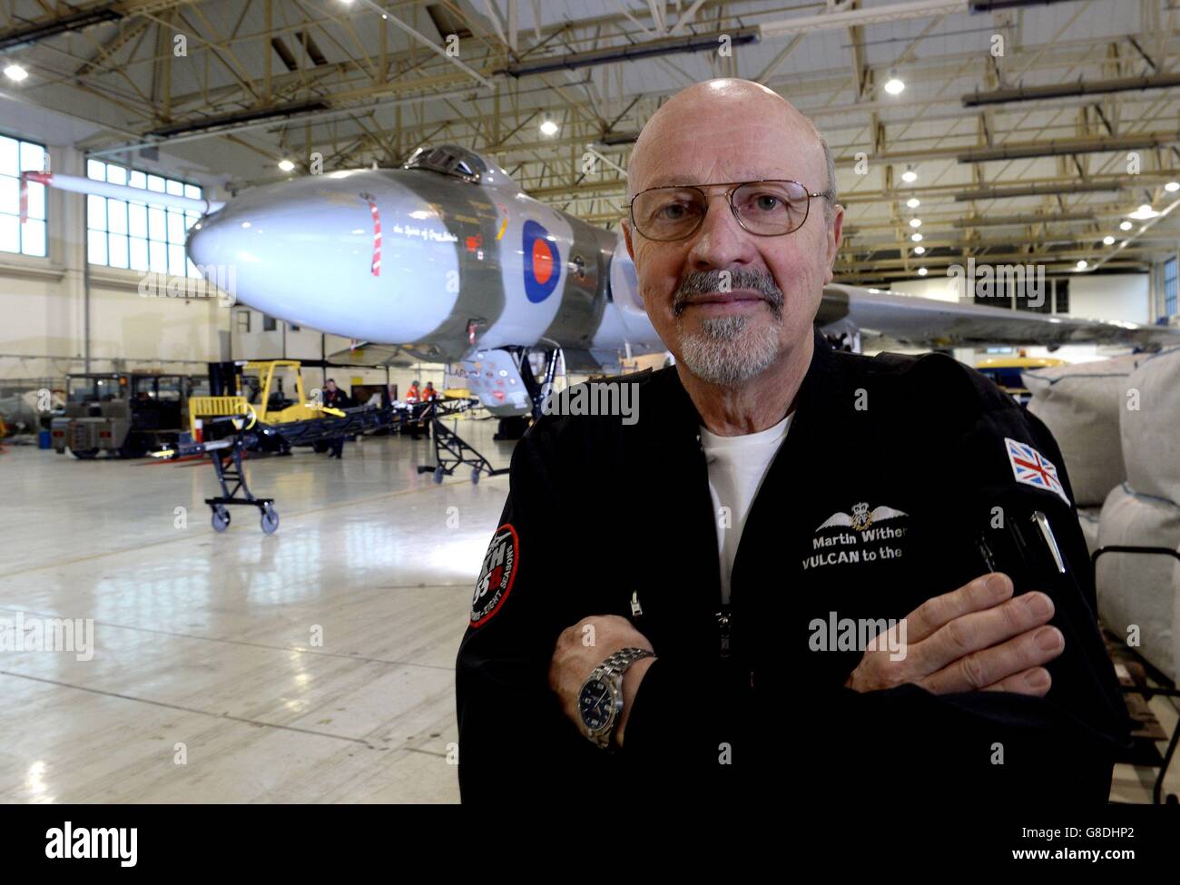 Pilot Martin Withers with Vulcan XH558 at a hanger ahead of its planned ...