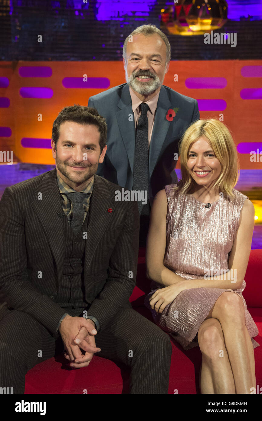Host Graham Norton with Bradley Cooper and Sienna Miller during filming ...