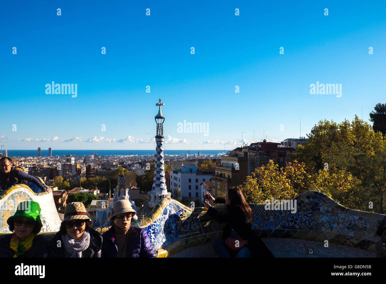 Panoramic of Barcelona from Park Guell. Garden complex with ...
