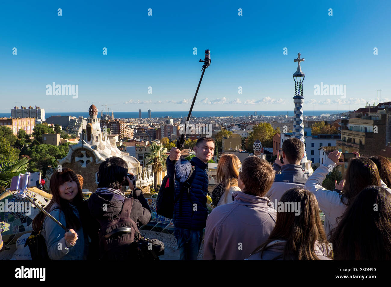 Panoramic of Barcelona from Park Guell. Garden complex with ...
