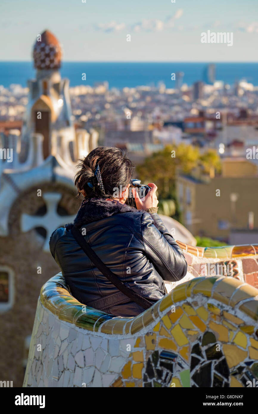 Park Guell. Garden complex with architectural elements situated on the ...