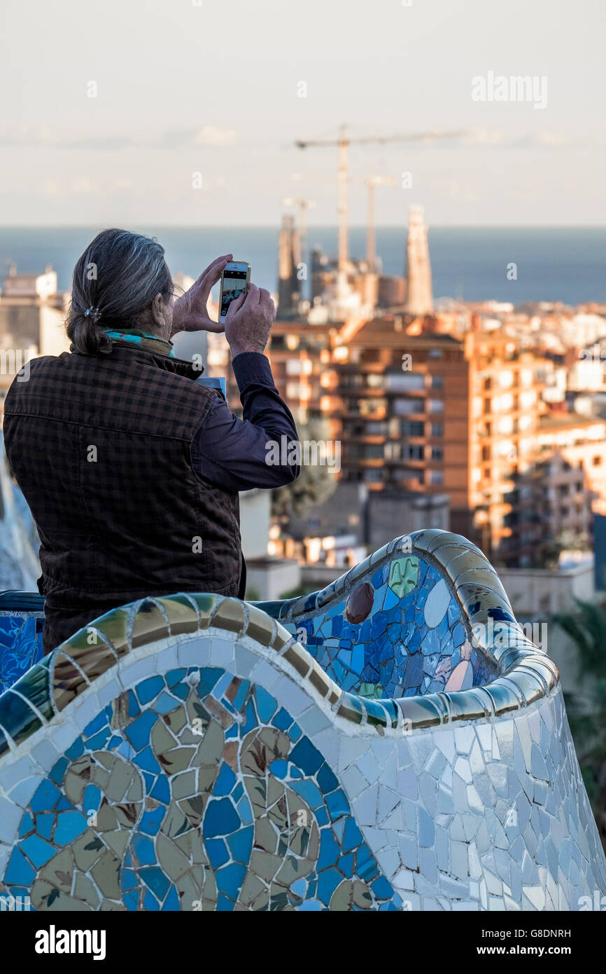 Panoramic of Barcelona from Park Guell. Garden complex with ...