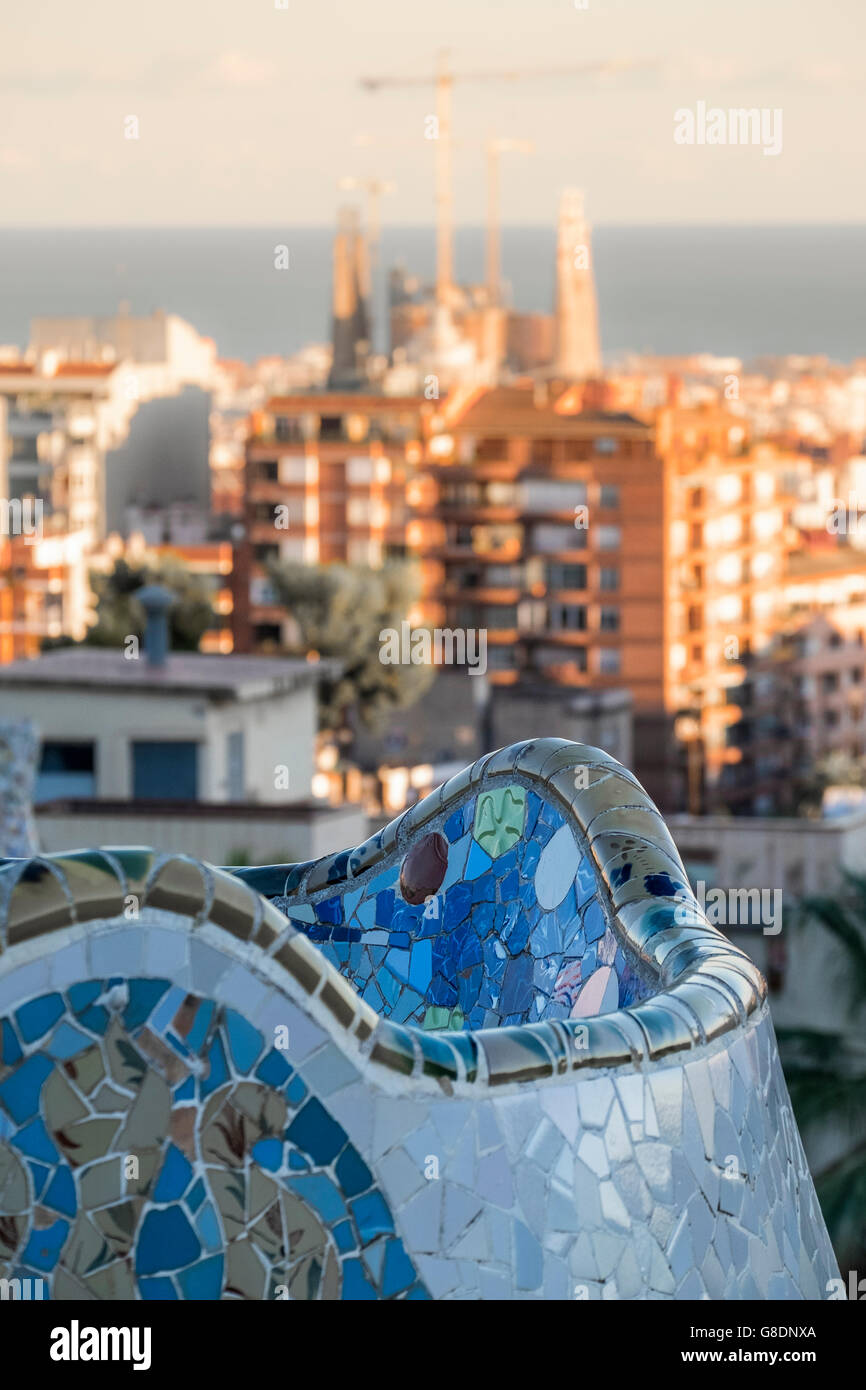 Panoramic of Barcelona from Park Guell. Garden complex with ...