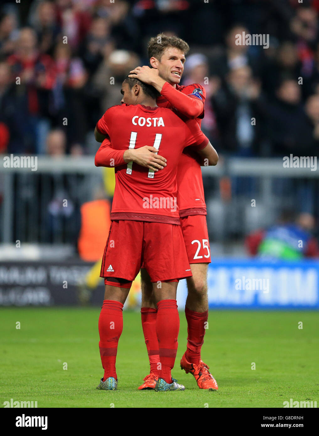 Bayern Munich's Thomas Muller celebrates scoring his side's fifth goal ...