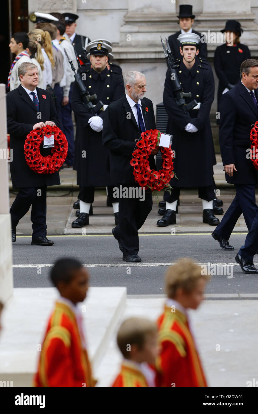 Labour party leader Jeremy Corbyn (centre) alongside Prime Minister ...