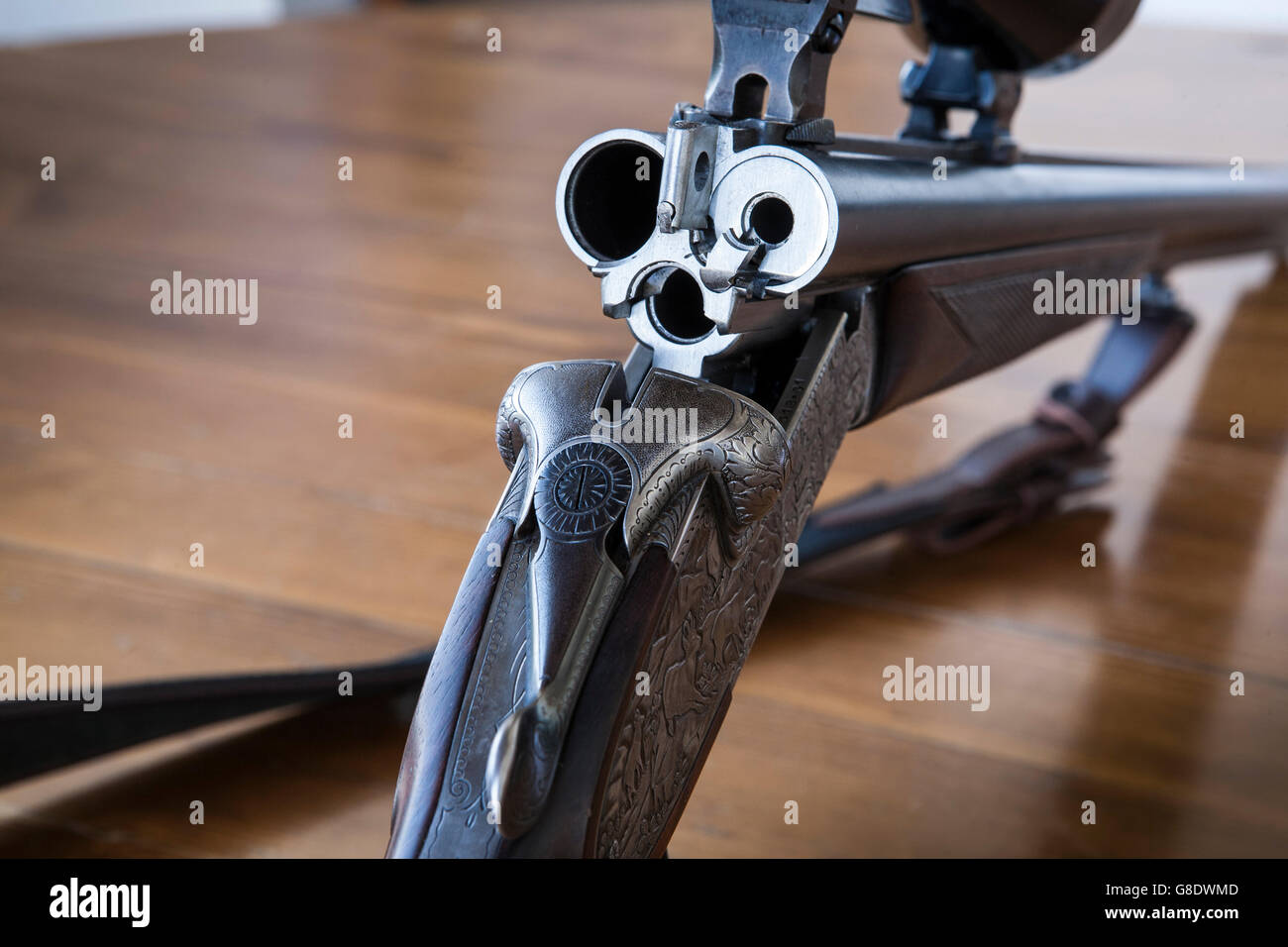 drilling (three-barreled rifle) Ferlach, rear view of barrels, close ...