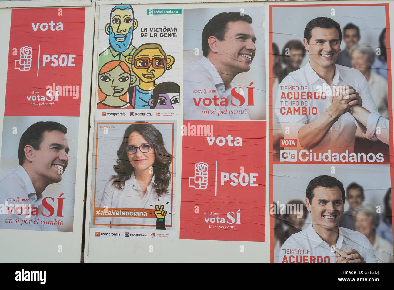 VALENCIA, SPAIN-JUNE 10, 2016: Political campaign posters depicting ...