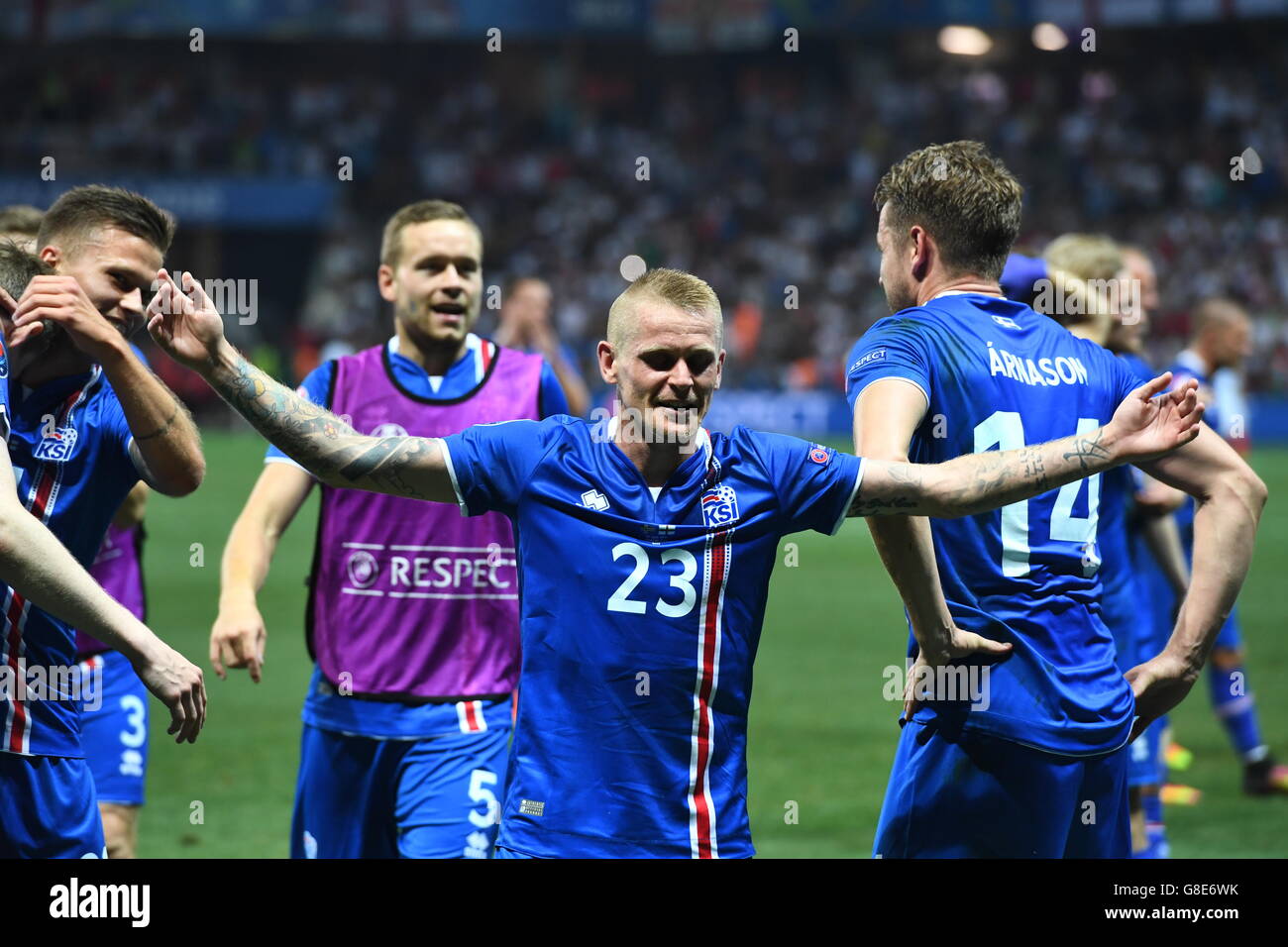 Nice, France. 27th June, 2016. Ari Freyr Skulason (C) of Iceland ...