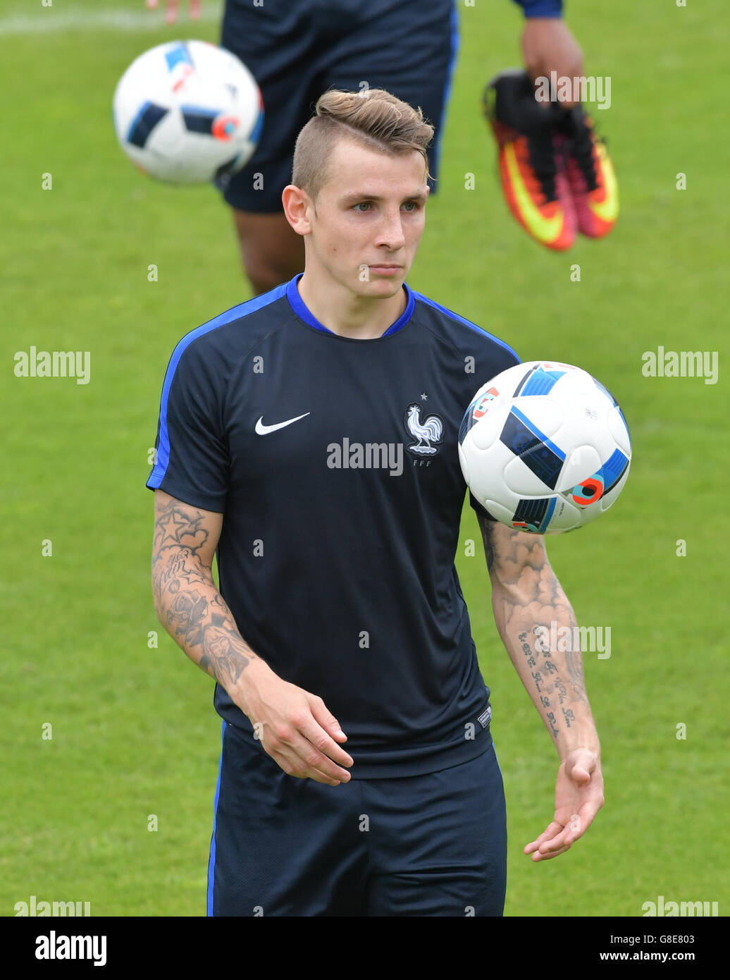 Lucas Digne of France in action during a public soccer training session ...