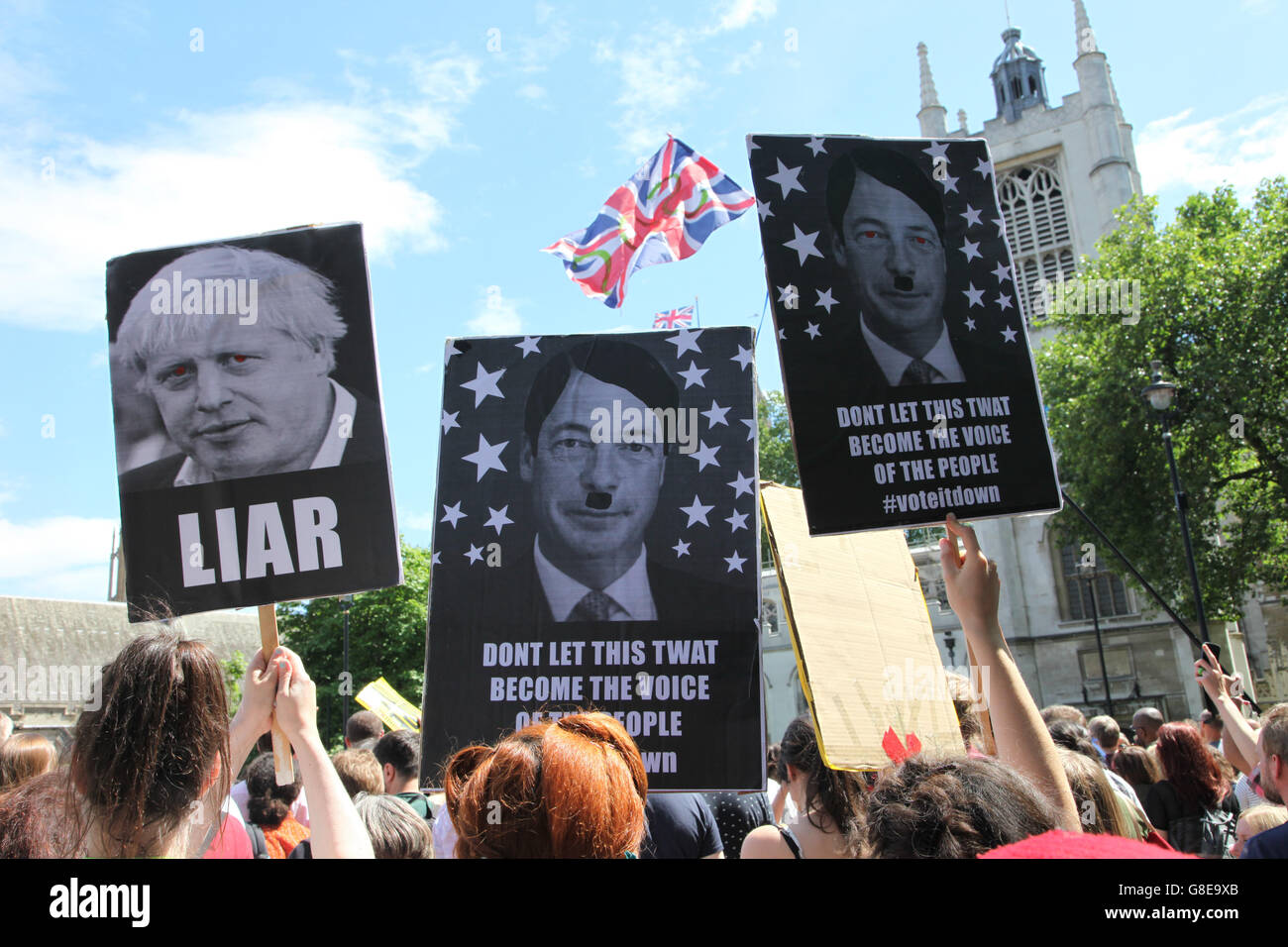 London, UK. 02nd July, 2016. Posters in Parliament Square protesting ...