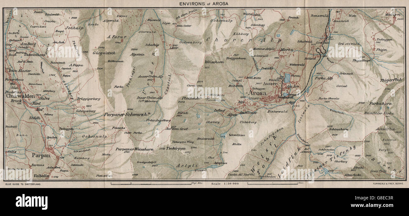 AROSA ENVIRONS. Churwalden Weisshorn. Vintage map plan. Switzerland ...