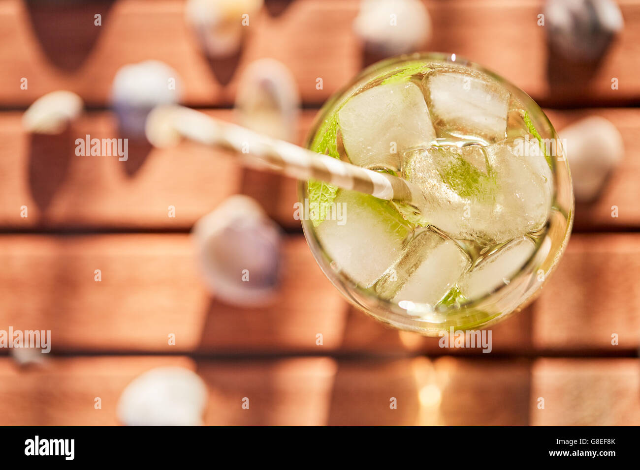 Having a nice cool drink in a glass with mint and ice on a wooden table ...