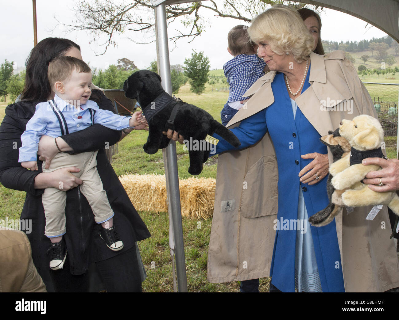 The Duchess of Cornwall holds a toy dog as she meets Tobias English and ...