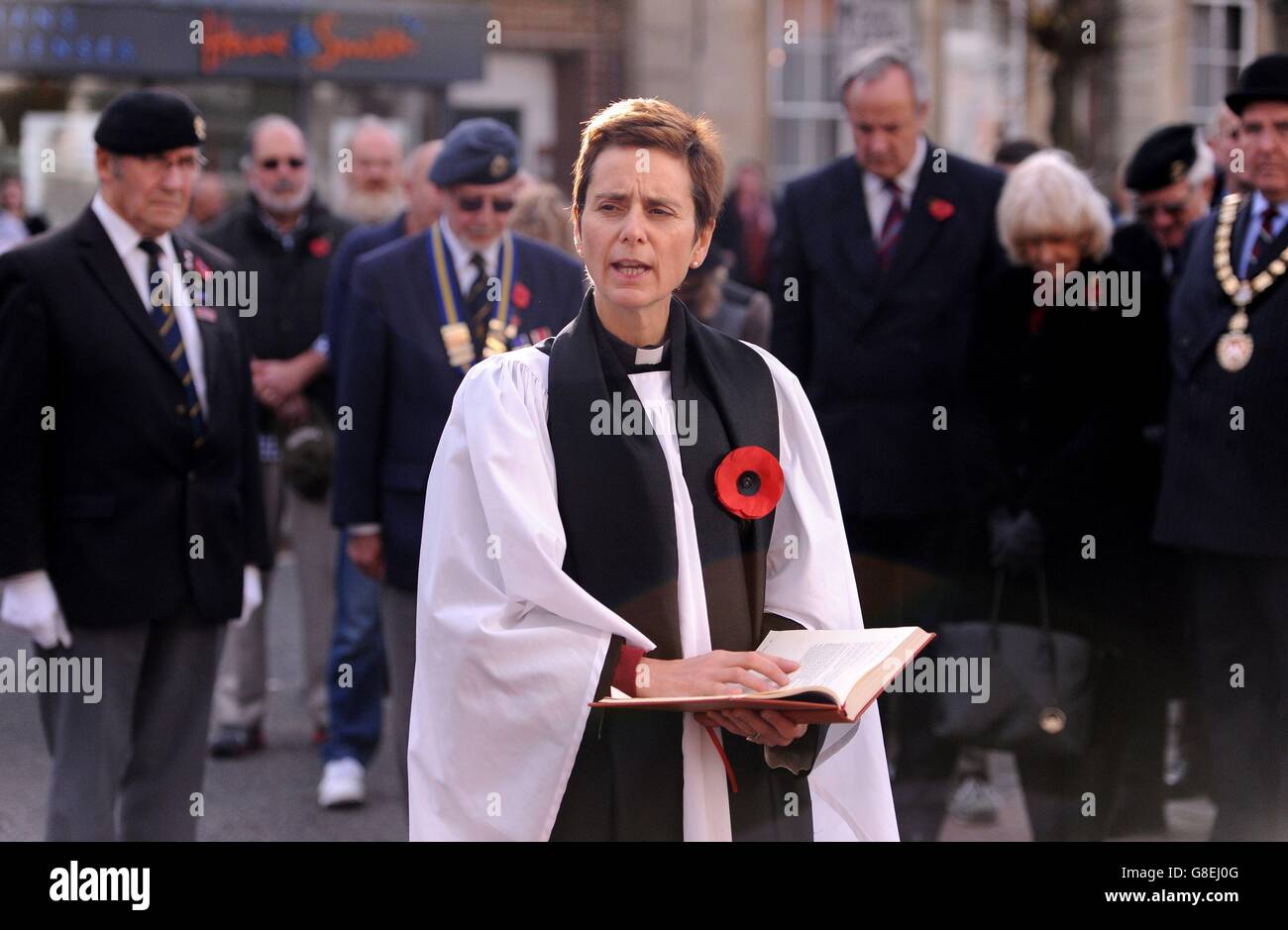 Reverend Vicki Burrows leads prayers at the War Memorial on the high ...