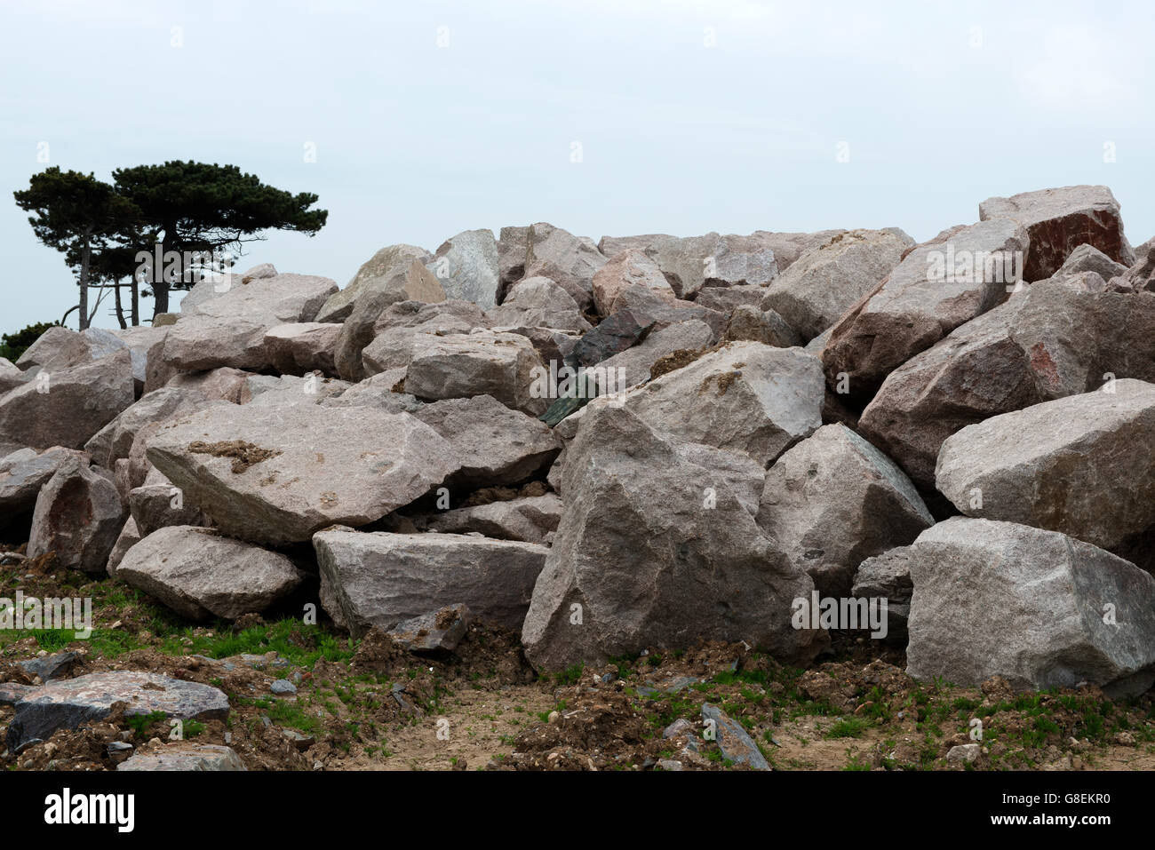 Rock armour pile for ongoing coastal defence work, East Lane, Bawdsey ...
