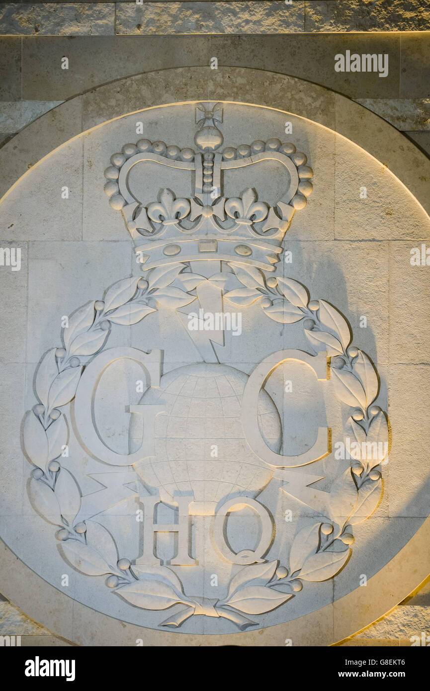 Paris Terror Attack. A GCHQ logo on a wall inside GCHQ, Cheltenham ...