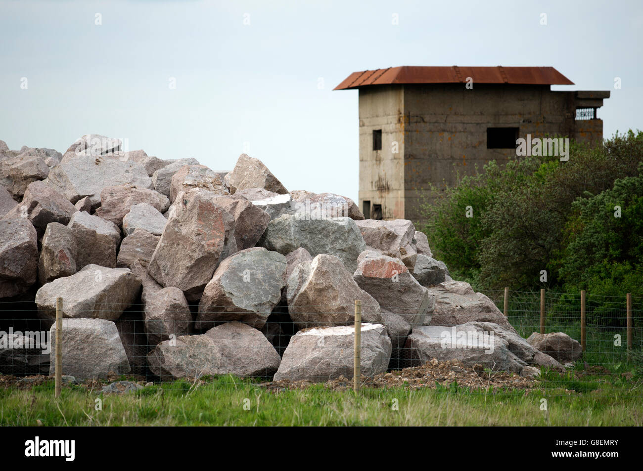 Rock armour pile for ongoing coastal defence work, East Lane, Bawdsey ...