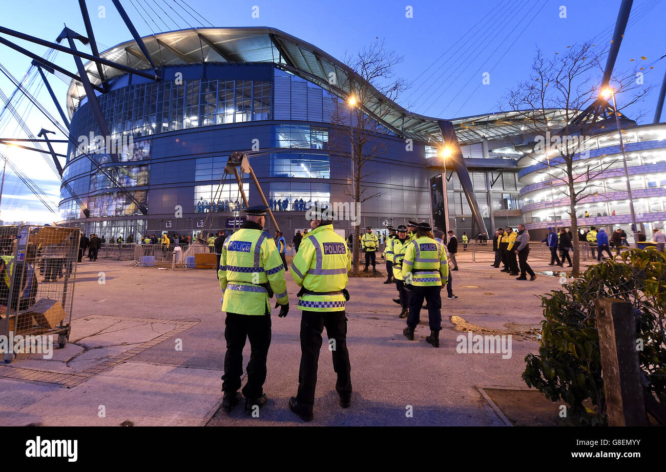 Police on duty outside of the Etihad Stadium before the Barclays ...