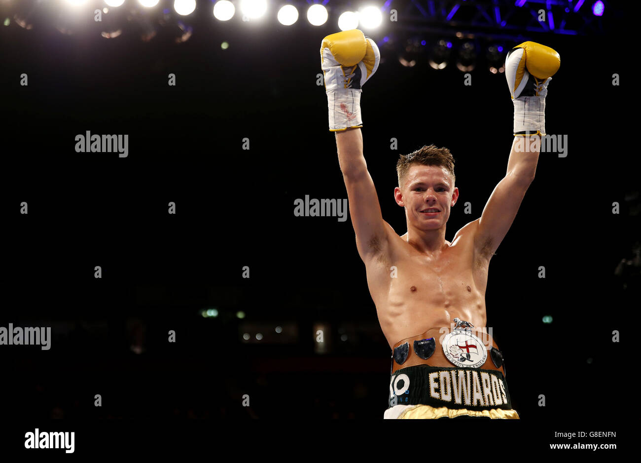 Manchester Arena Boxing. Charlie Edwards celebrates his victory over ...
