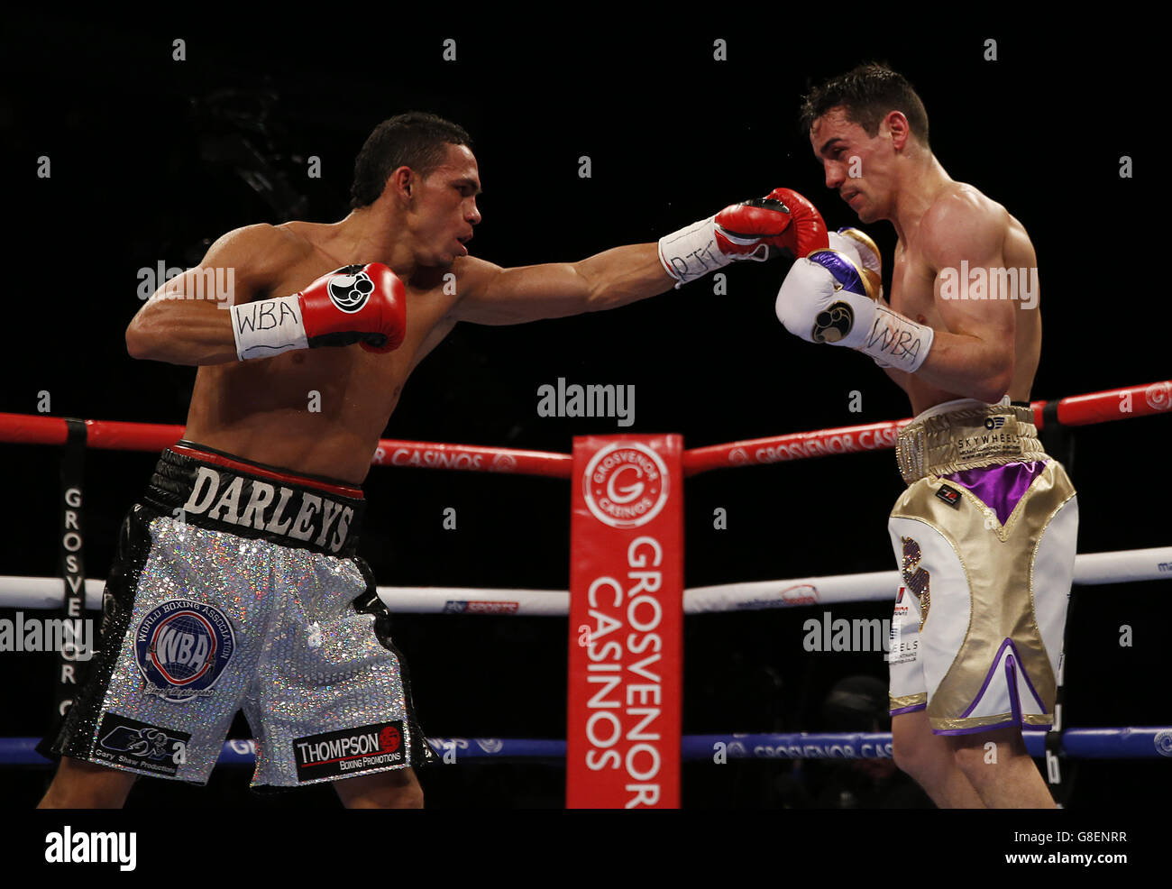 Manchester Arena Boxing. Darleys Perez (left) and Anthony Crolla during ...